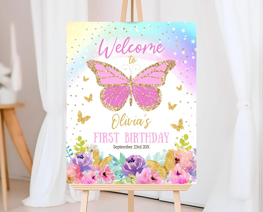 Editable Butterfly Birthday Welcome Sign, Pink Purple Butterfly ...