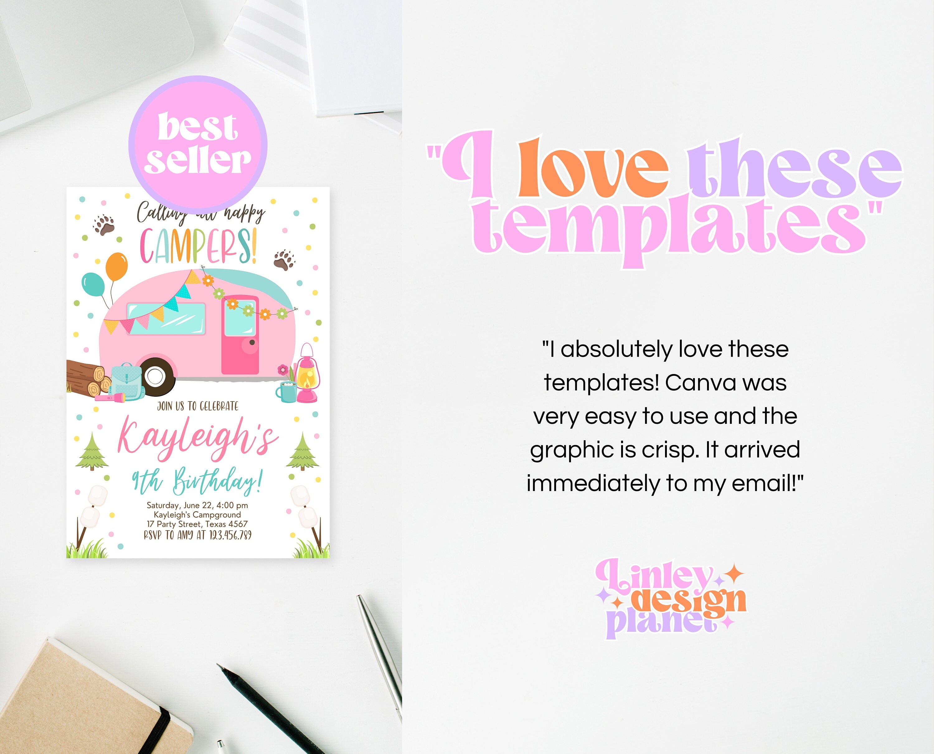 Editable Camping Birthday Invitation Bundle, Camping Party Pack, Girly ...