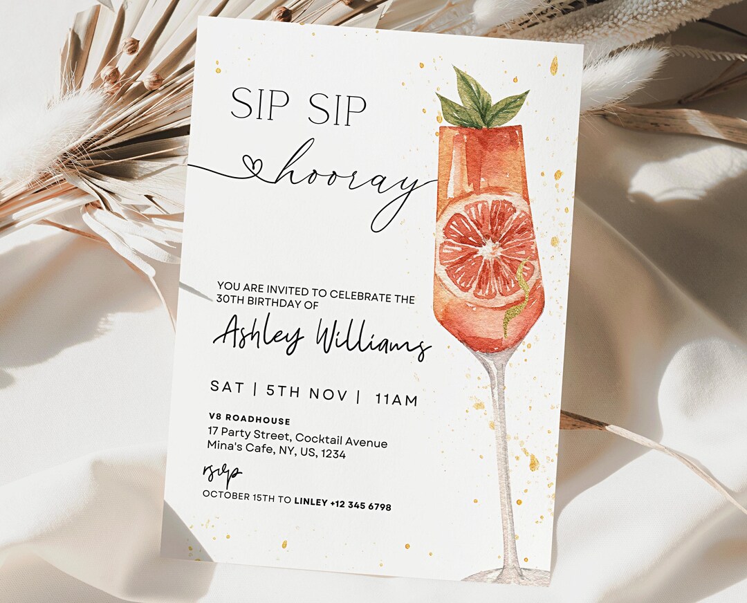 Editable Cocktail Birthday Invitation, Adult Birthday Party, SIP SIP It ...