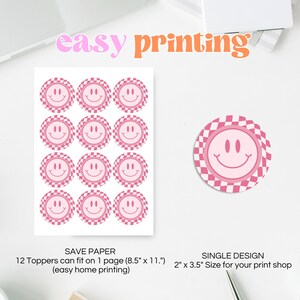 Editable Retro Smiley Birthday Cupcake Toppers, Preppy Smile Theme ...