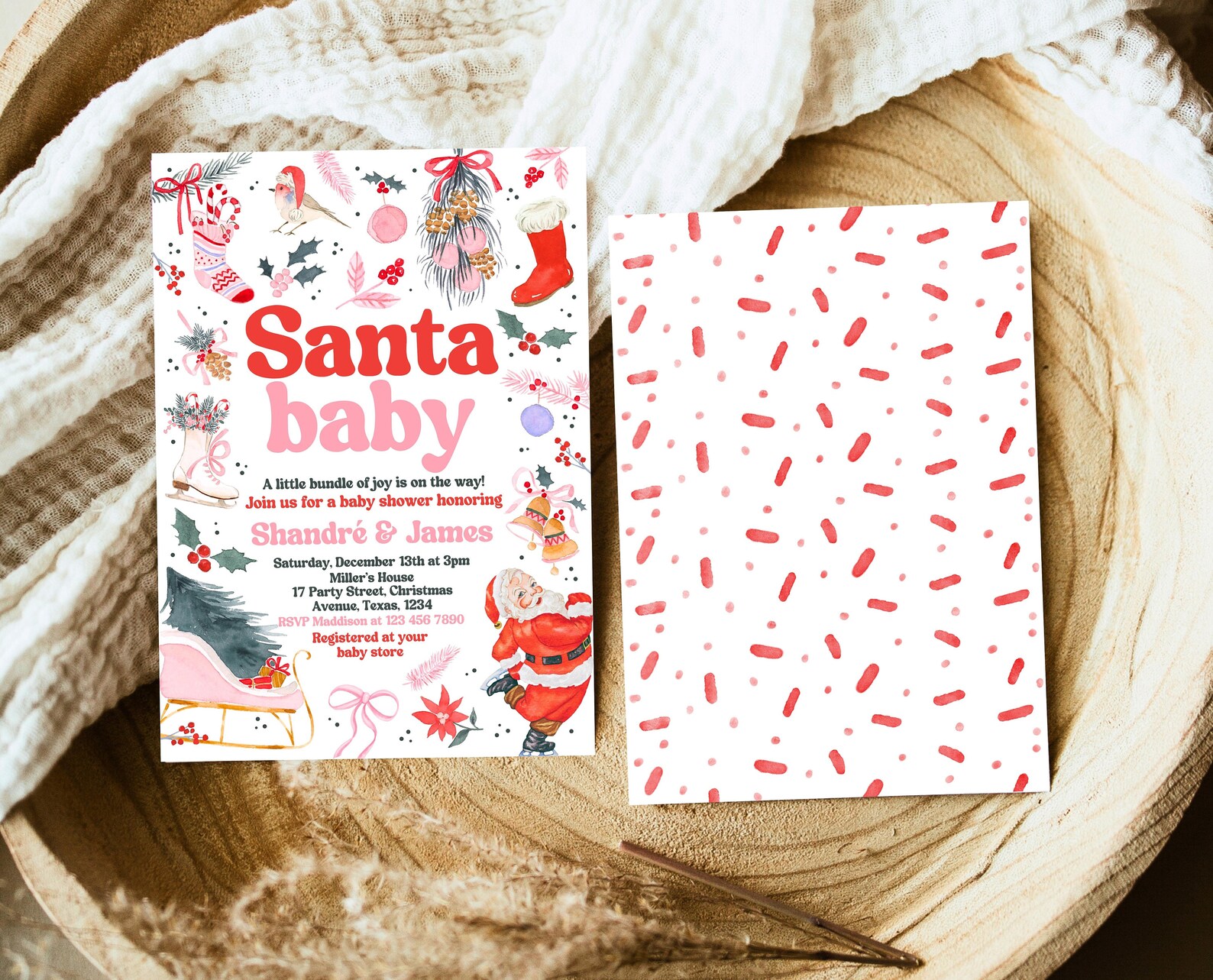 Editable Santa Baby Shower Invitation Template, Christmas Red and Pink ...