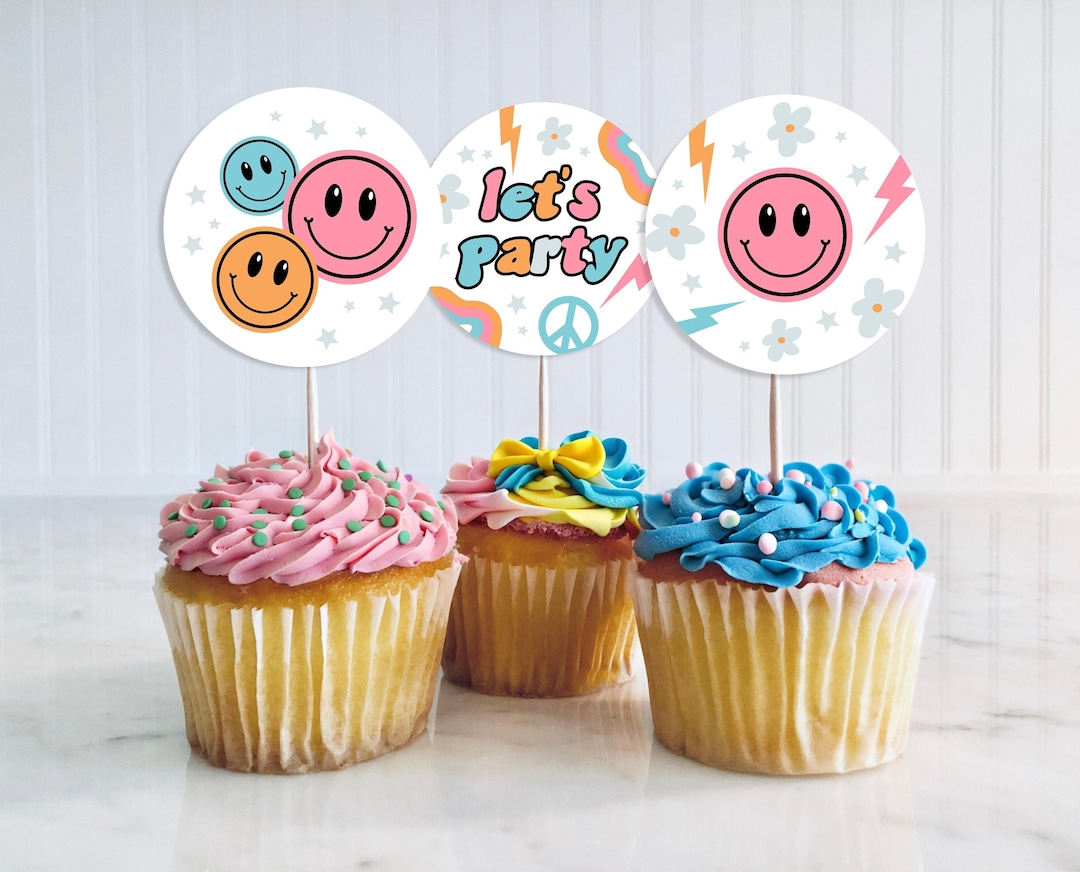 Editable Smiley Face Cupcake Toppers Template, Groovy Smiley Birthday ...