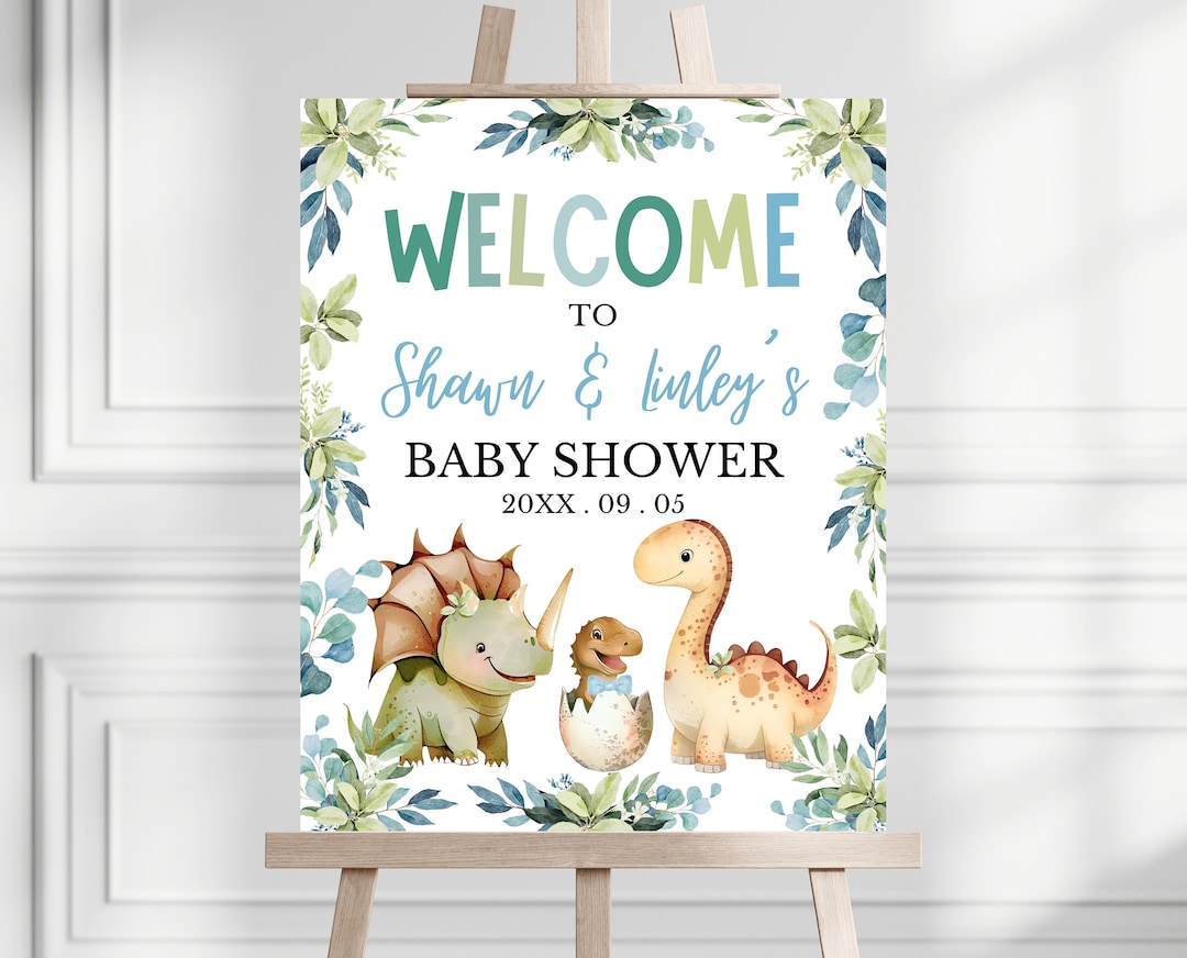 Editable Dinosaur Baby Shower Welcome Sign, Blue Floral Dinosaur Baby ...