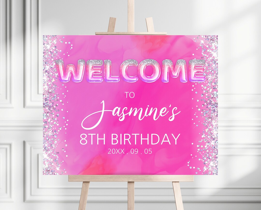 Editable Pink Birthday Welcome Sign Template, Glitter Birthday Welcome ...