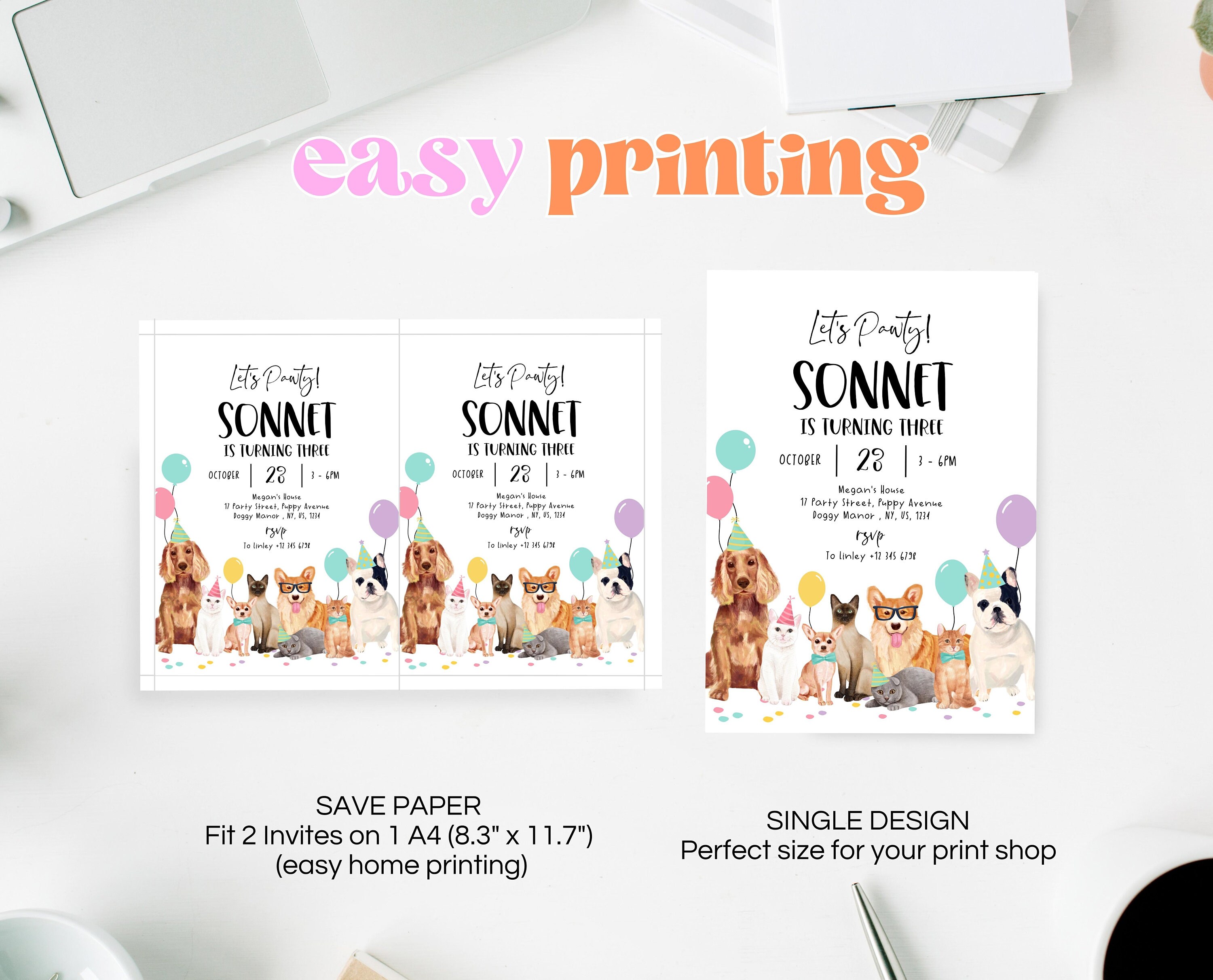 Editable Dog and Cat Birthday Party Invitation, Puppy Birthday ...