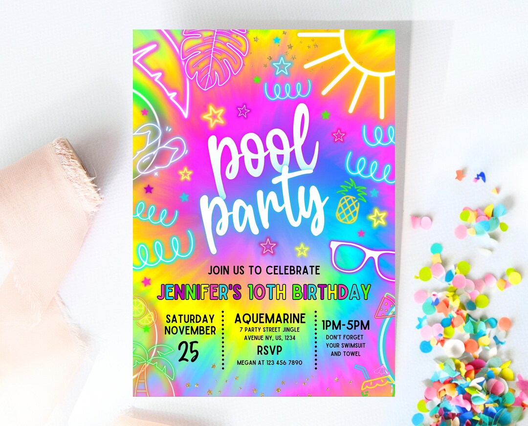 Editable Tie Dye Pool Party Invitation Template, Neon Glow Pool Party ...