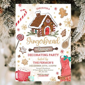 Editable Christmas Gingerbread House Decorating Party Invitation Red ...