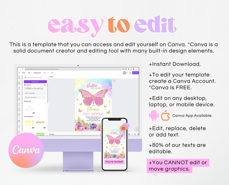 Editable Butterfly Birthday Invitation: Pink & Gold (canva Template) - Etsy