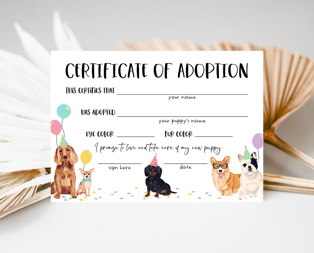 Editable Pet Adoption Certificate: Puppy Birthday Party Decor ...