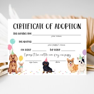 Editable Pet Adoption Certificate: Puppy Birthday Party Decor ...