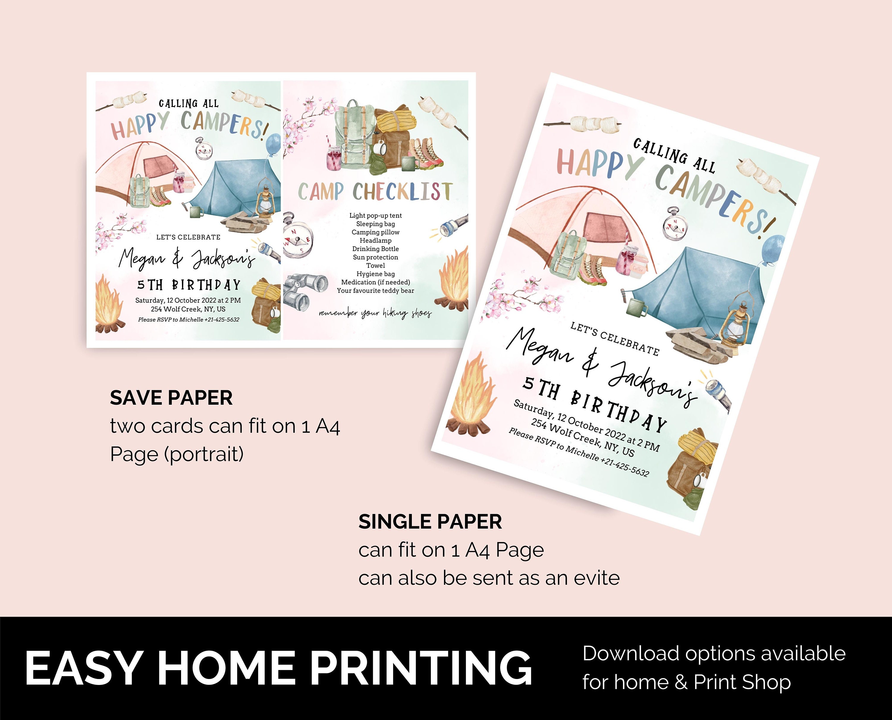 Editable Girl & Boy Camp Party Invitation Camp Out Birthday - Etsy Australia