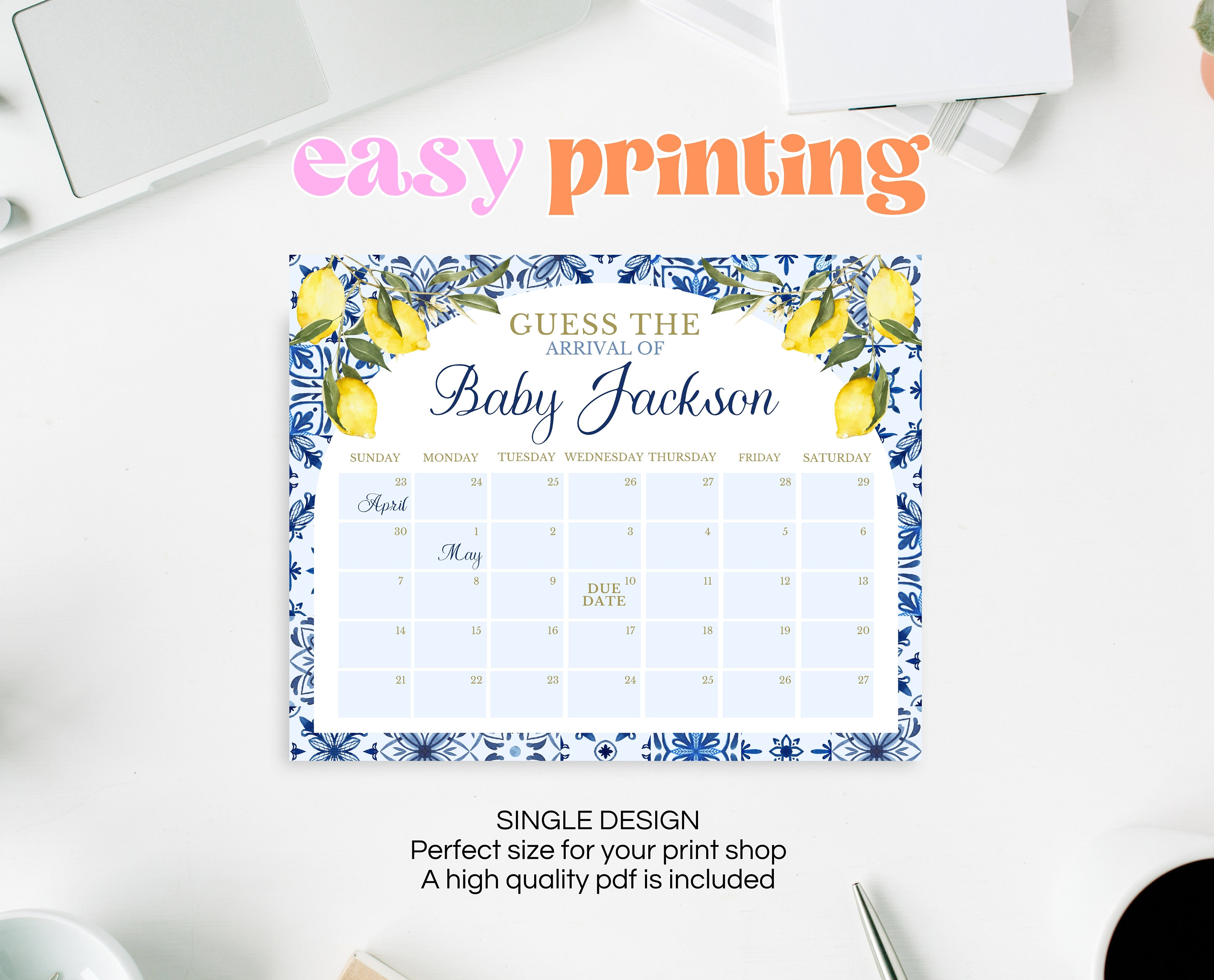 Editable Mediterranean Lemon Baby Shower Due Date Sign, Blue Tiles ...