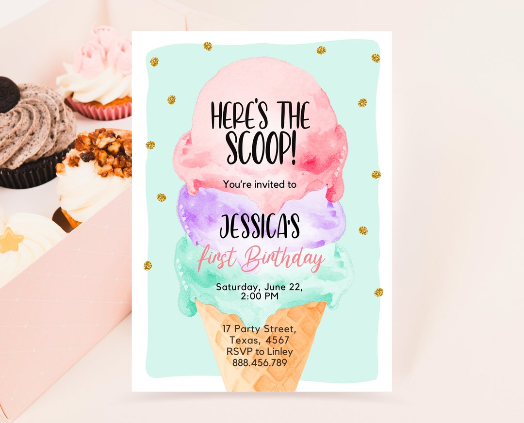 Editable Blue Ice Cream Invitation, Pastel Ice Cream Birthday ...