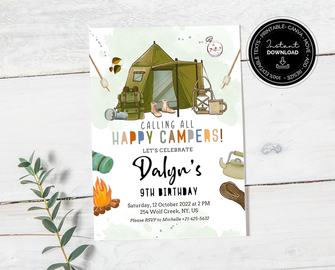 Editable Boy Camp Party Invitation Camp Out Birthday Invite Outdoor ...