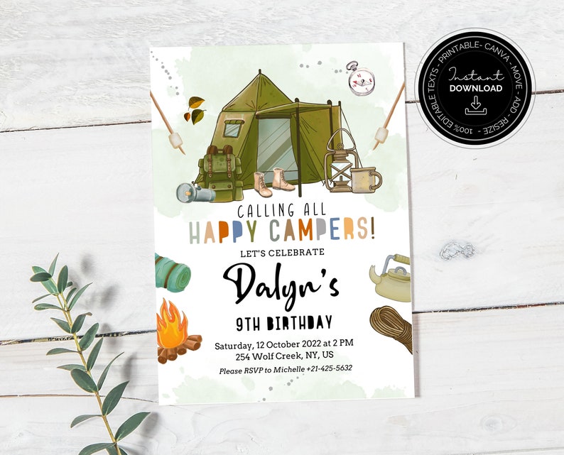 Editable Boy Camp Party Invitation Camp Out Birthday Invite Outdoor ...