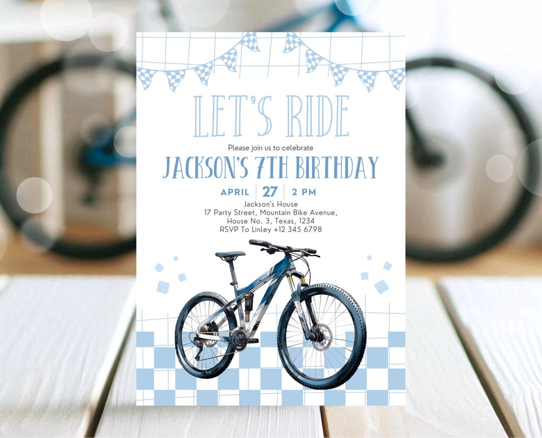Editable Mountain Bike Birthday Invitation: Blue Cycling Design (canva ...