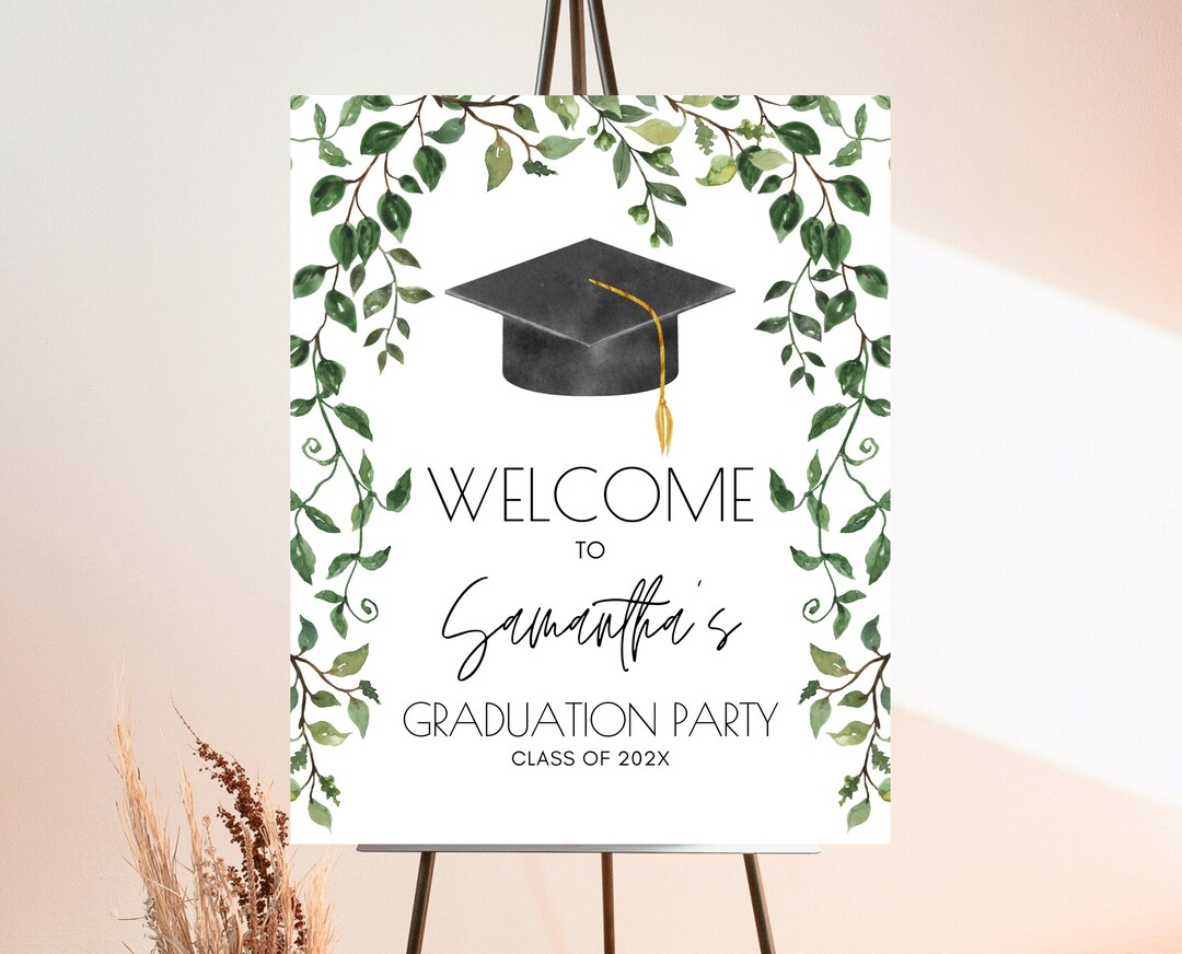 Editable Greenery Graduation Welcome Sign, Leaves Graduation Party ...