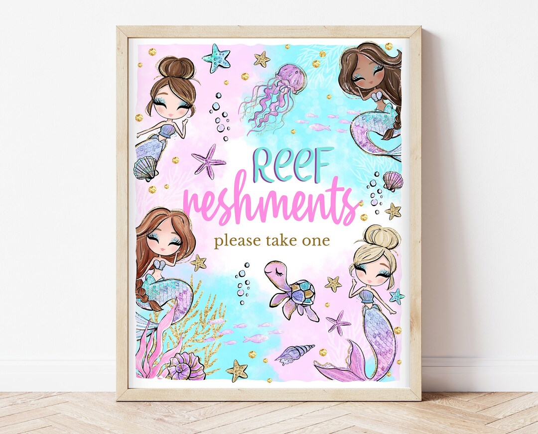 Reefreshments Sign Mermaid Birthday, Glitter Mermaid Favor Sign, Under ...