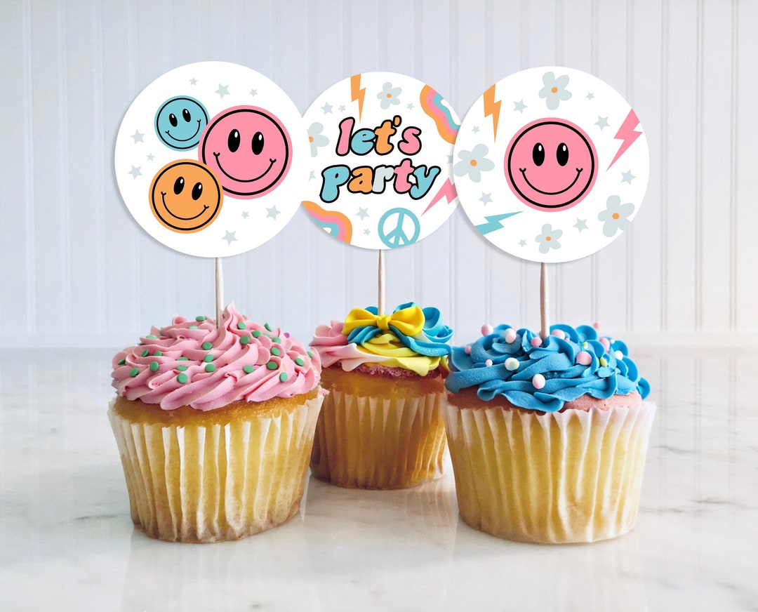 Editable Smiley Face Cupcake Toppers Template Groovy Smiley - Etsy