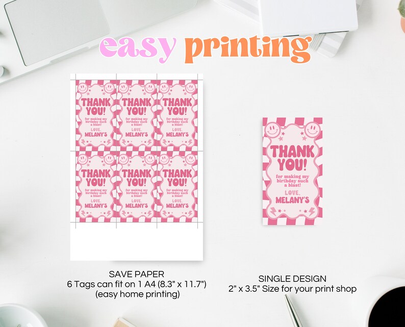 Editable Retro Smiley Birthday Favor Tag, Preppy Smile Theme Tags, Pink ...