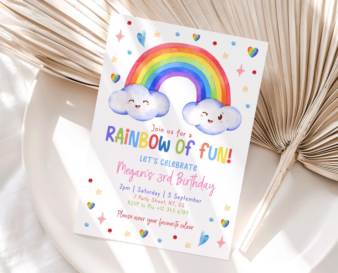 Editable Girl and Boy Rainbow Birthday Invitation, Kids Rainbow ...