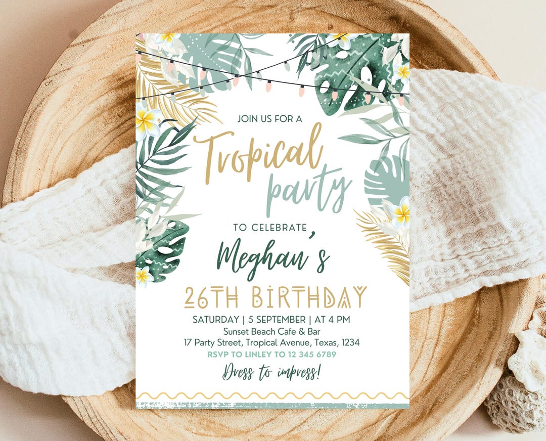 Editable Tropical Birthday Invitation: Palm Leaves (canva Template) - Etsy
