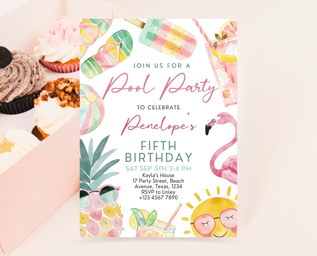 Editable Pool Party Invitation, Girl Pool Birthday Party, Pastel Invite ...