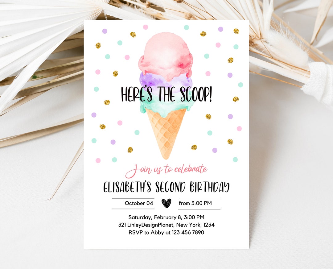 Editable Ice Cream Invitation, Pastel Ice Cream Birthday Invitation ...