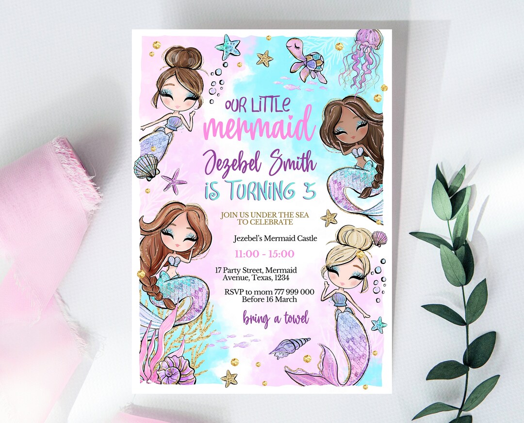 Editable Mermaid Birthday Invitation, Pink Mermaid Invite, Under the ...