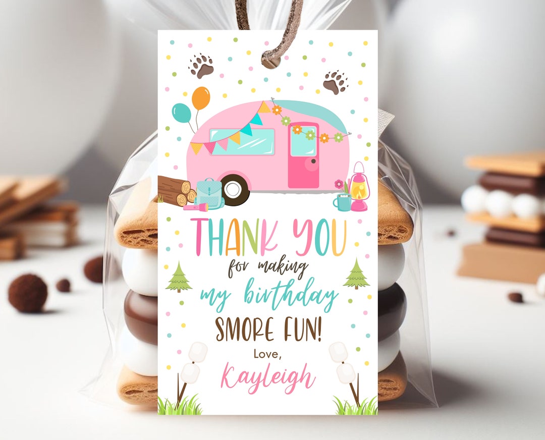 Editable Camping Birthday Favor Tag, Camping Party Thank You Tag, Girly ...