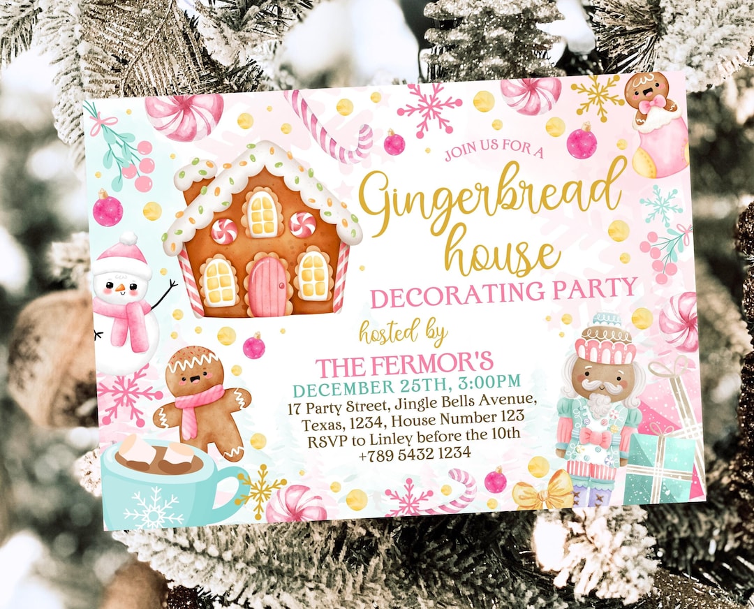 Editable Gingerbread House Decorating Party Invitation, Pink Christmas ...