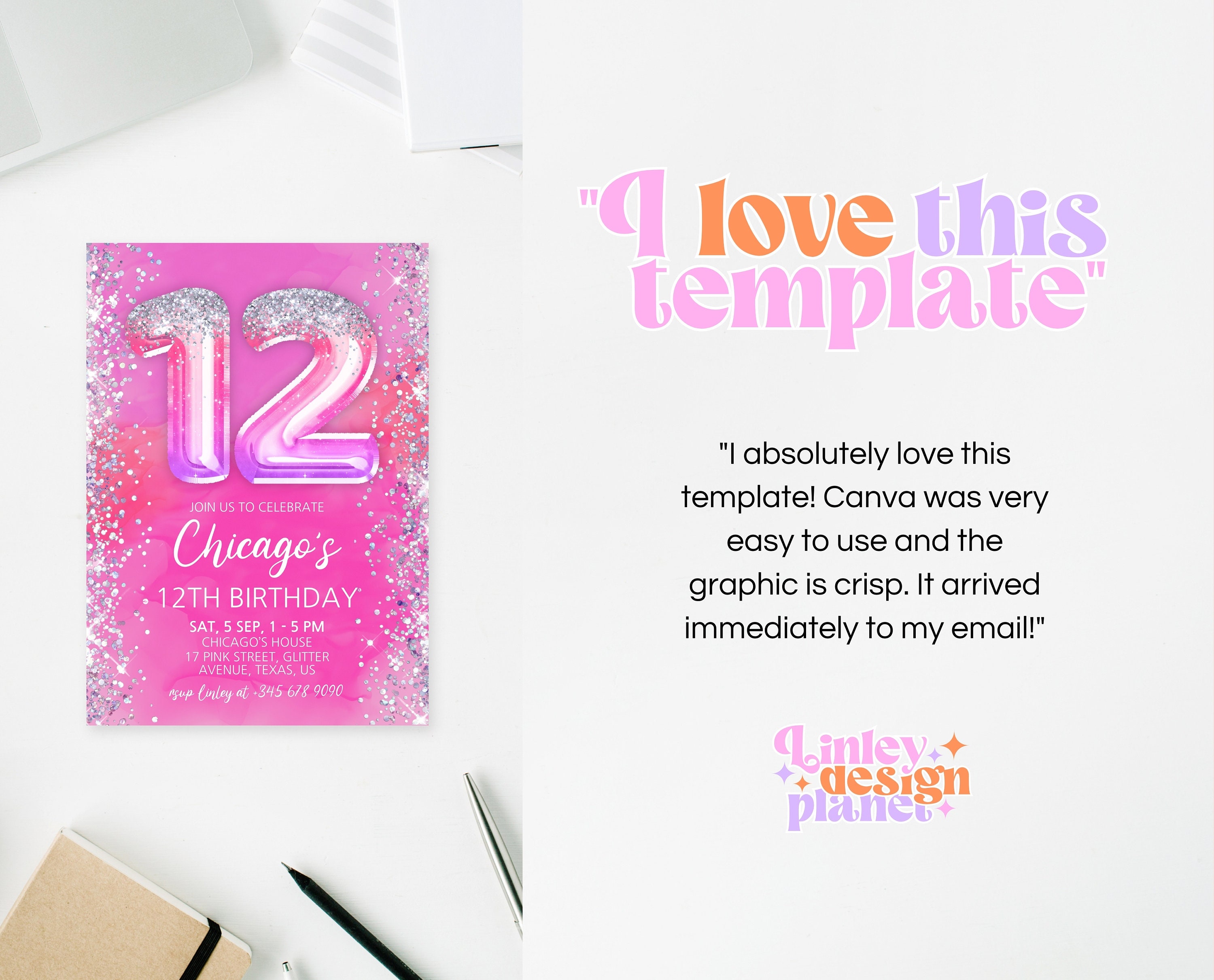 Editable Pink 12th Birthday Invitation Template, Glitter Birthday ...