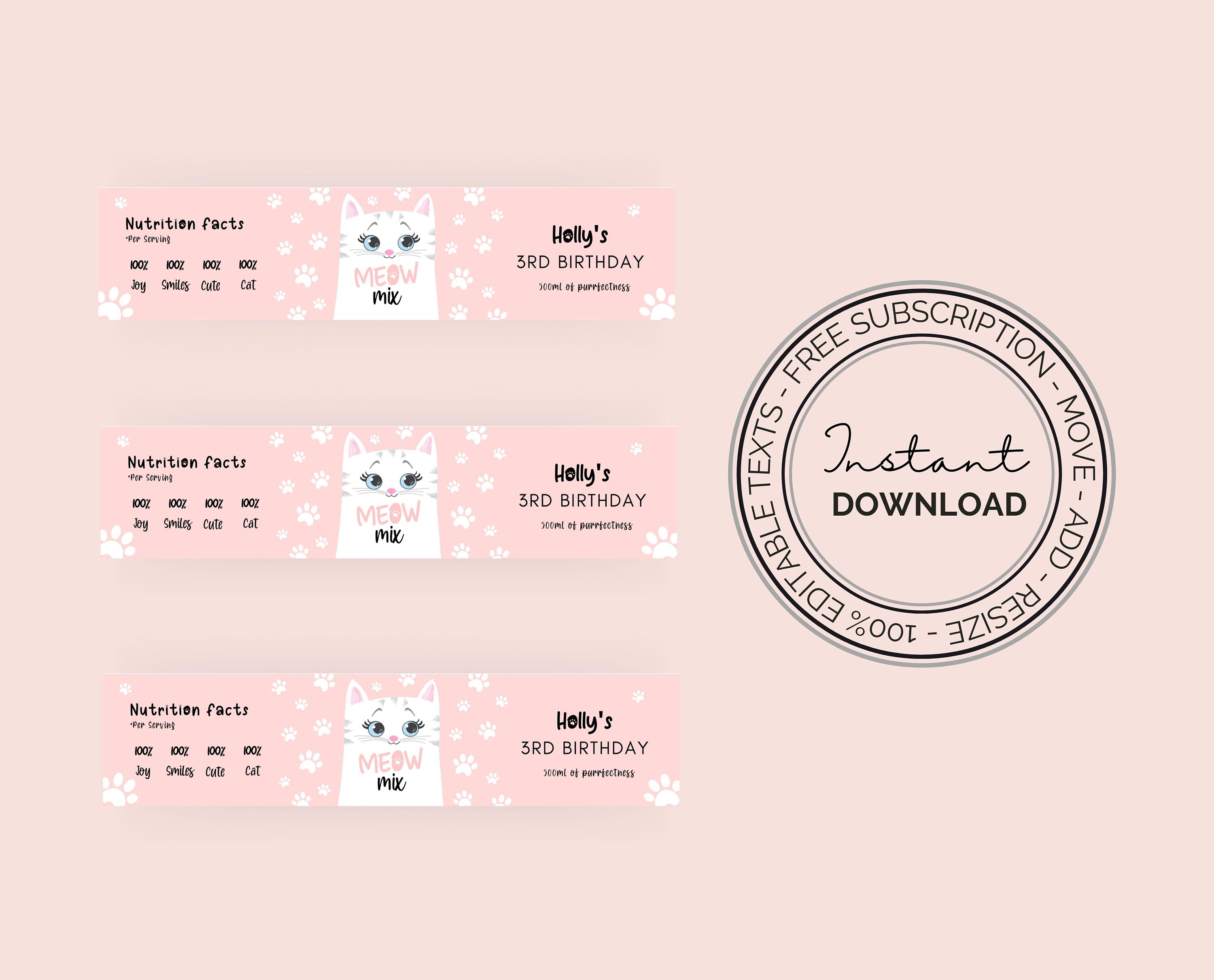 Editable Kitten Birthday Water Bottle Label Kitty Cat Birthday - Etsy