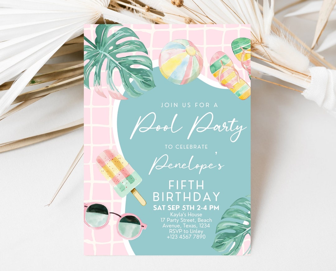 Editable Pool Party Invitation, Girl Pool Birthday Party, Pastel Invite ...