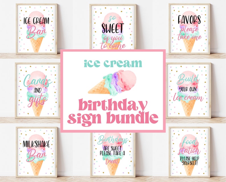 Editable Ice Cream Birthday Sign Bundle, Pastel Ice Cream Birthday ...