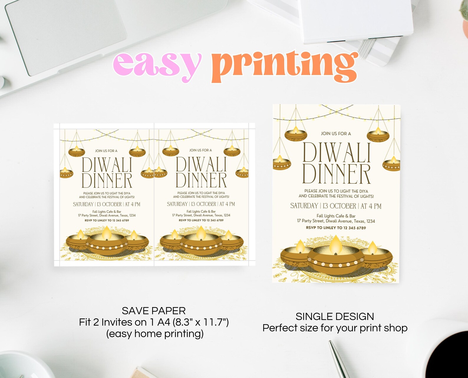 Editable Diwali Dinner Invitation, Gold Diwali Party Invitation, Hindu ...