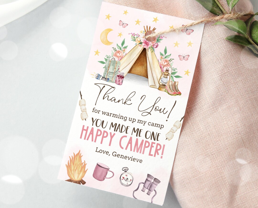 Editable Camp Party Favor Tag, Camp Out Birthday Thank You Card ...