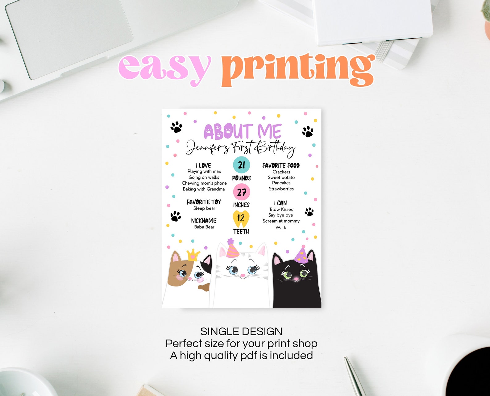 Cat Birthday Milestone Sign Template, Kitten Birthday Party About Me ...