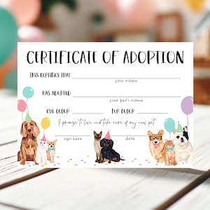 Editable Pet Adoption Certificate, Puppy & Kitten Birthday Adoption ...