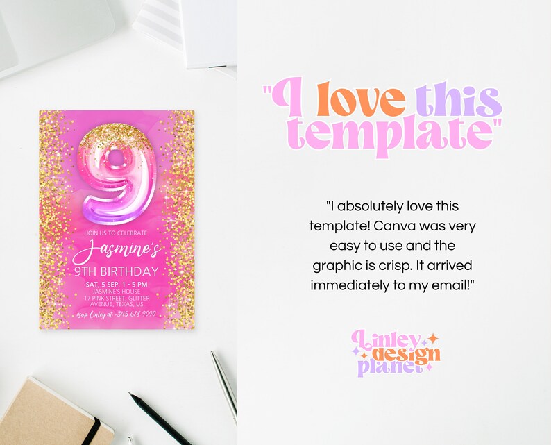 Editable Pink 9th Birthday Invitation Template, Gold Glitter Birthday ...