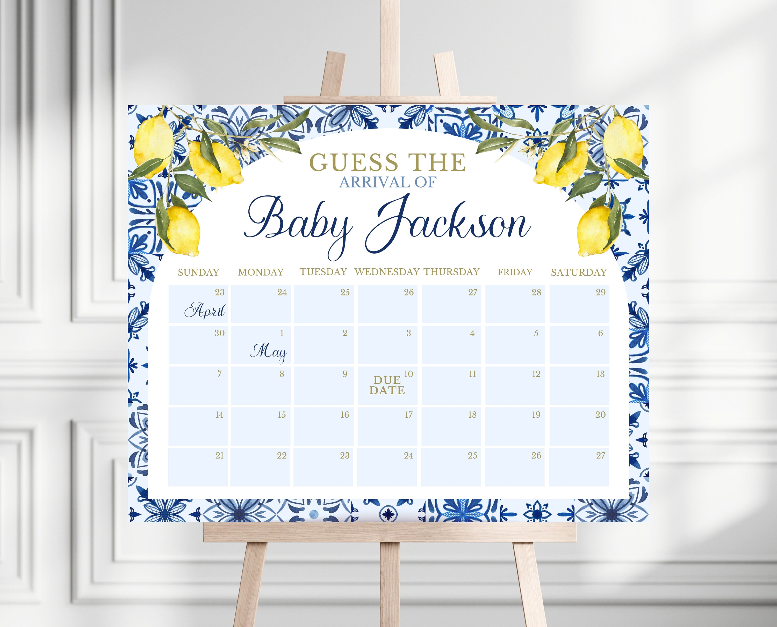 Editable Mediterranean Lemon Baby Shower Due Date Sign, Blue Tiles ...