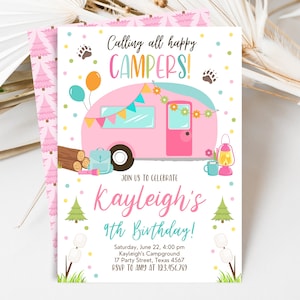 Editable Camping Birthday Invitation, Camping Party Invitation, Girly ...