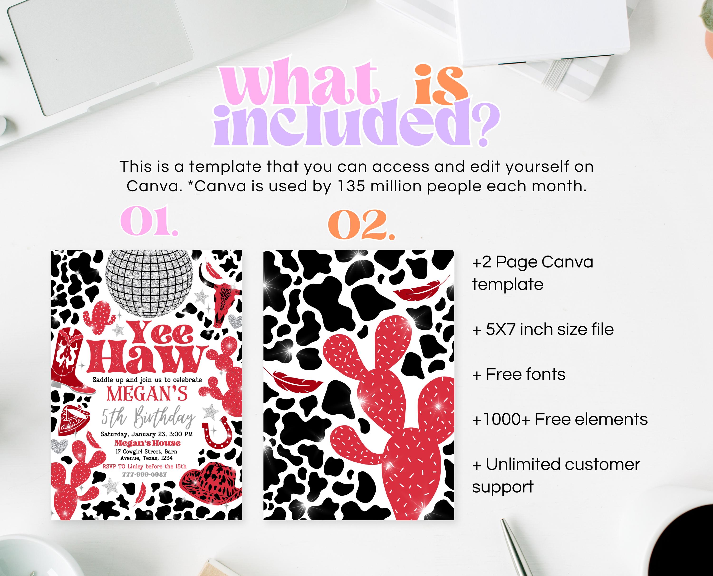 Editable Red Disco Cowgirl Birthday Invitation (5x7 Inch, Digital ...