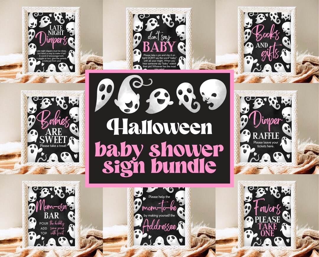 Editable Pink Ghost Halloween Baby Shower Sign Bundle, Girl Halloween ...