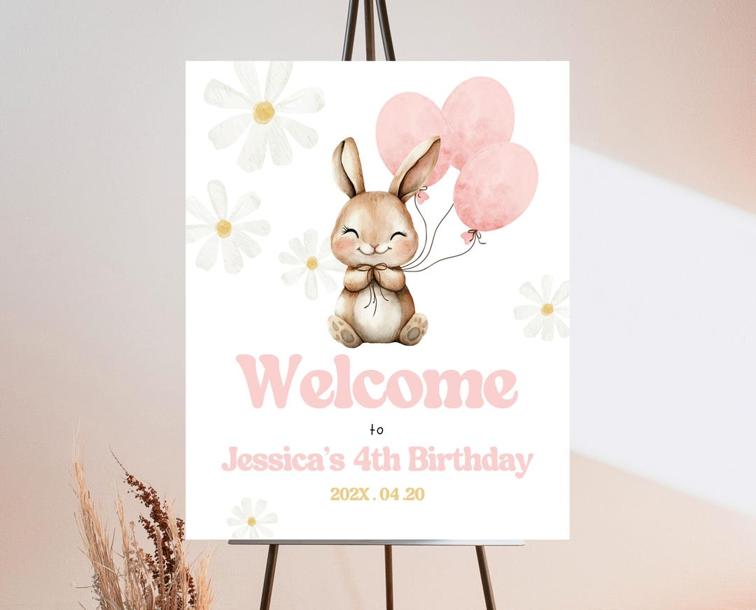 Editable Bunny Birthday Welcome Sign, Rabbit Birthday Party, Hop on ...