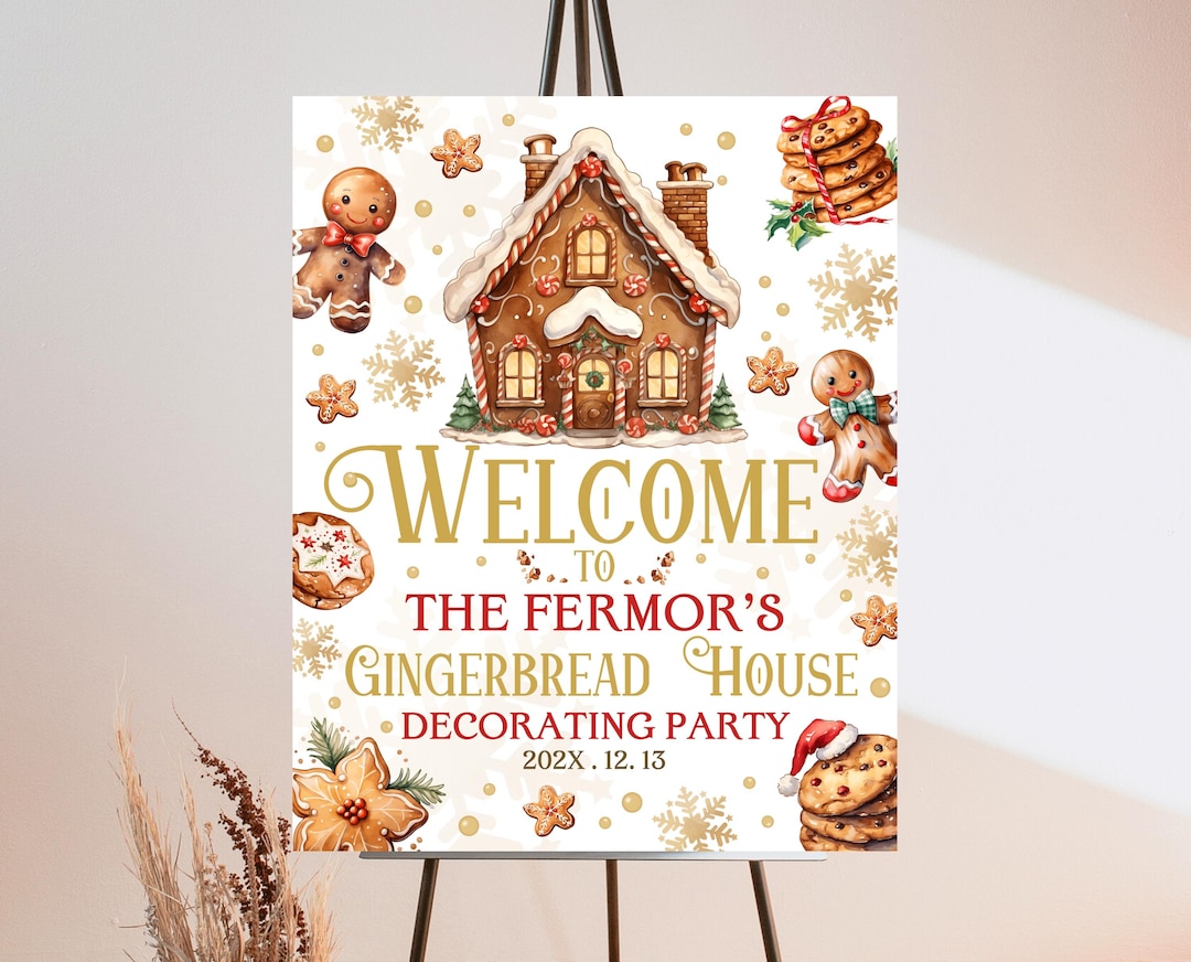 Editable Gingerbread House Decorating Party Welcome Sign, Christmas ...
