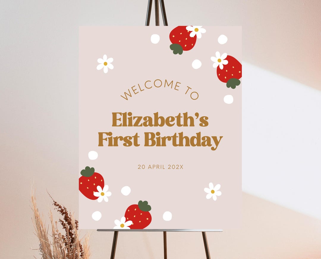 Editable Strawberry Birthday Welcome Sign, Retro Strawberry Birthday ...
