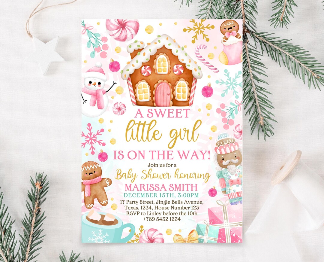 Editable Girl Gingerbread House Baby Shower Invitation, Pink Christmas ...