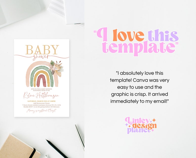 Editable Boho Rainbow Baby Shower Invitation Green Pampas Grass ...