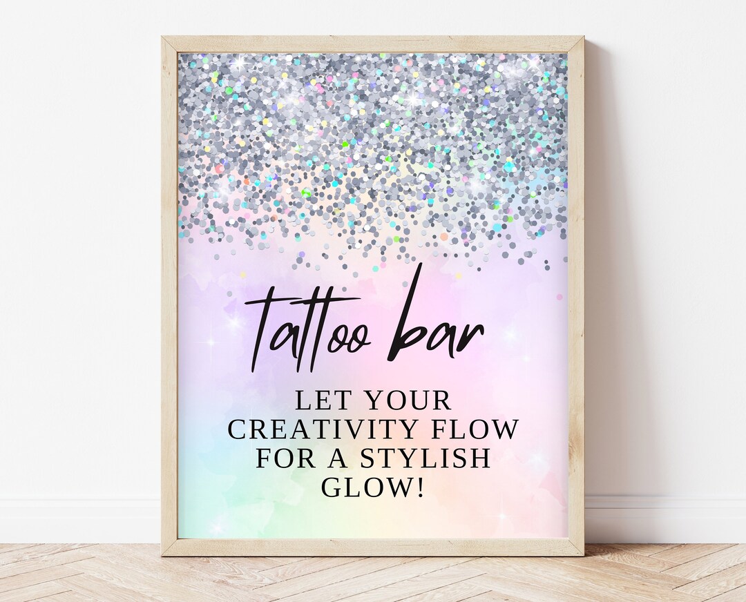 Tattoo Bar Sign Pastel Rainbow Birthday, Glitter Birthday Tattoo Sign ...